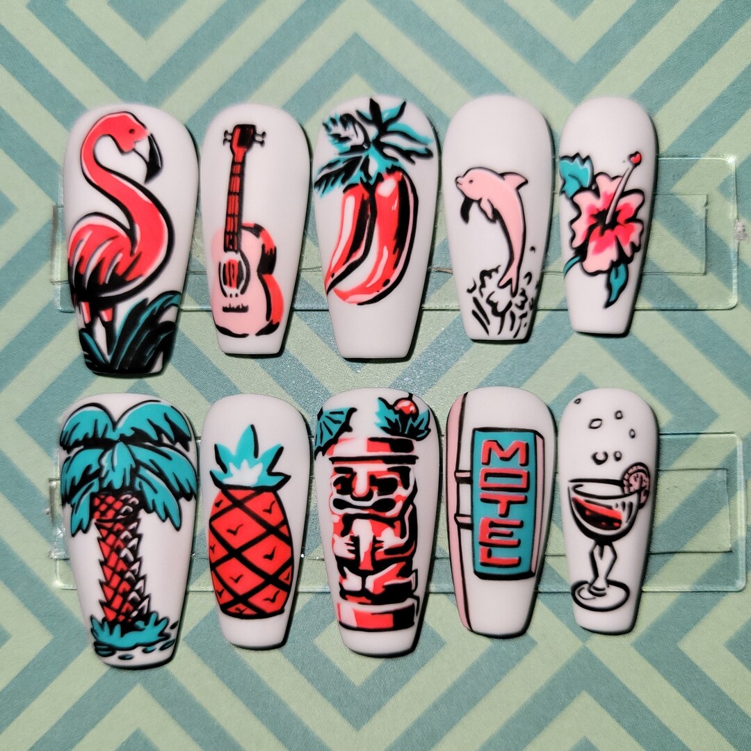 Tiki Summer Vacation Hand-painted Press-on Nails - Etsy
