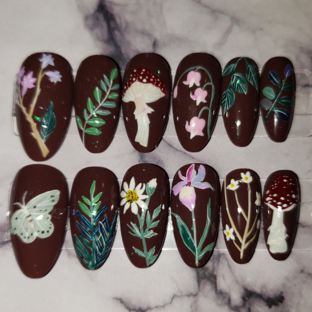 Forest Foliage Cottagecore Hand-painted Press-on Nails - Etsy