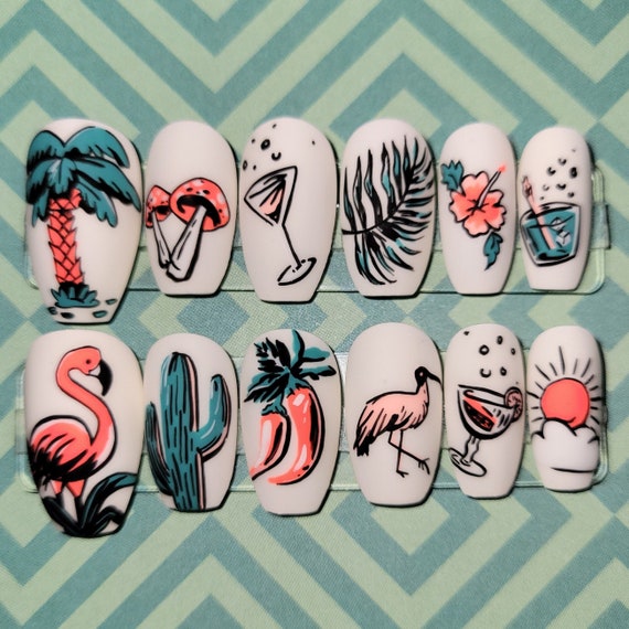 Tiki Summer Vacation Hand-painted Press-on Nails - Etsy