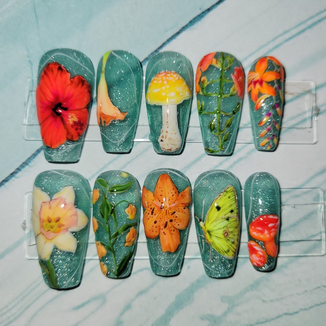 Cottagecore Neon Garden Hand-painted Press-on Nails - Etsy