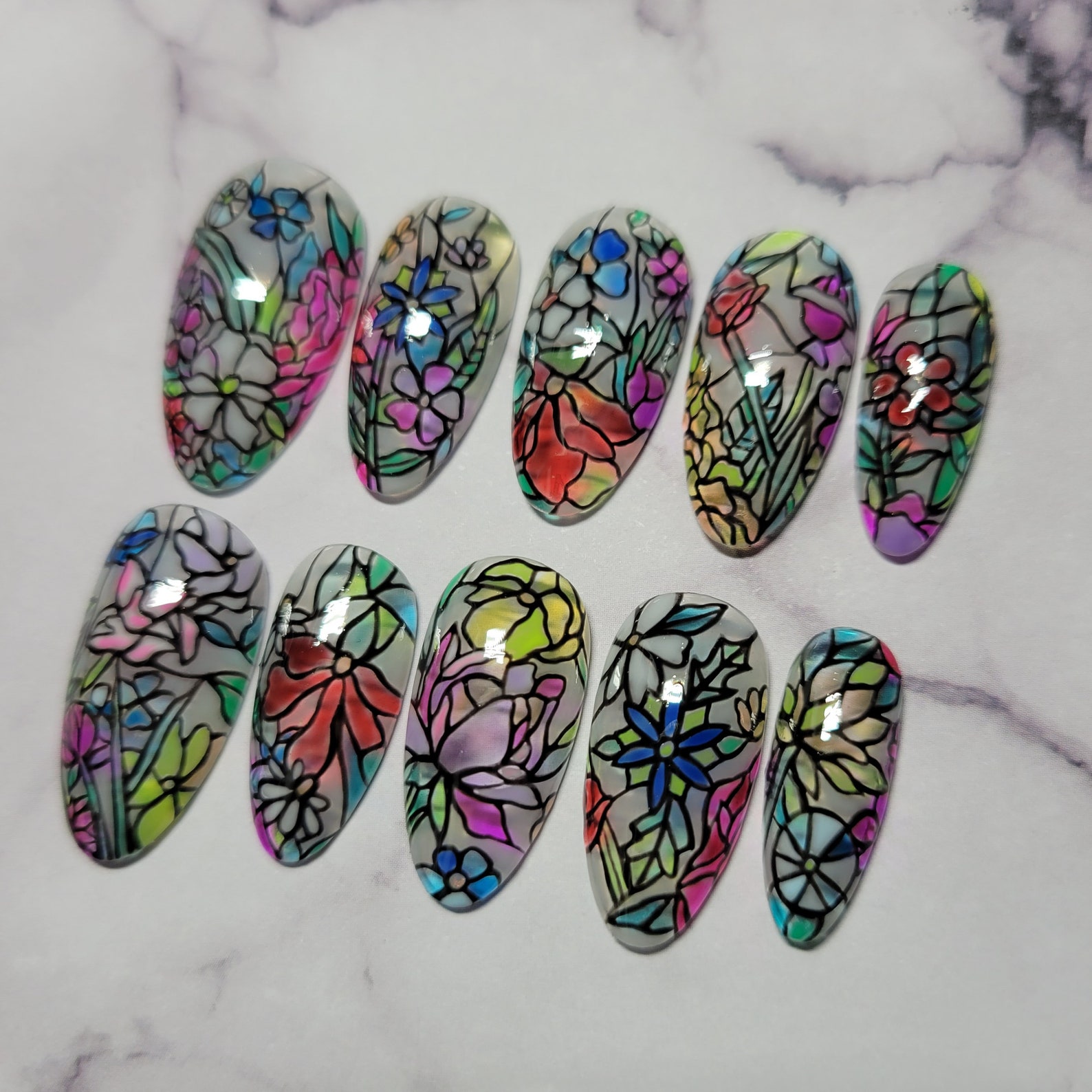 Floral Stained Glass Hand-painted Press-on Nails - Etsy