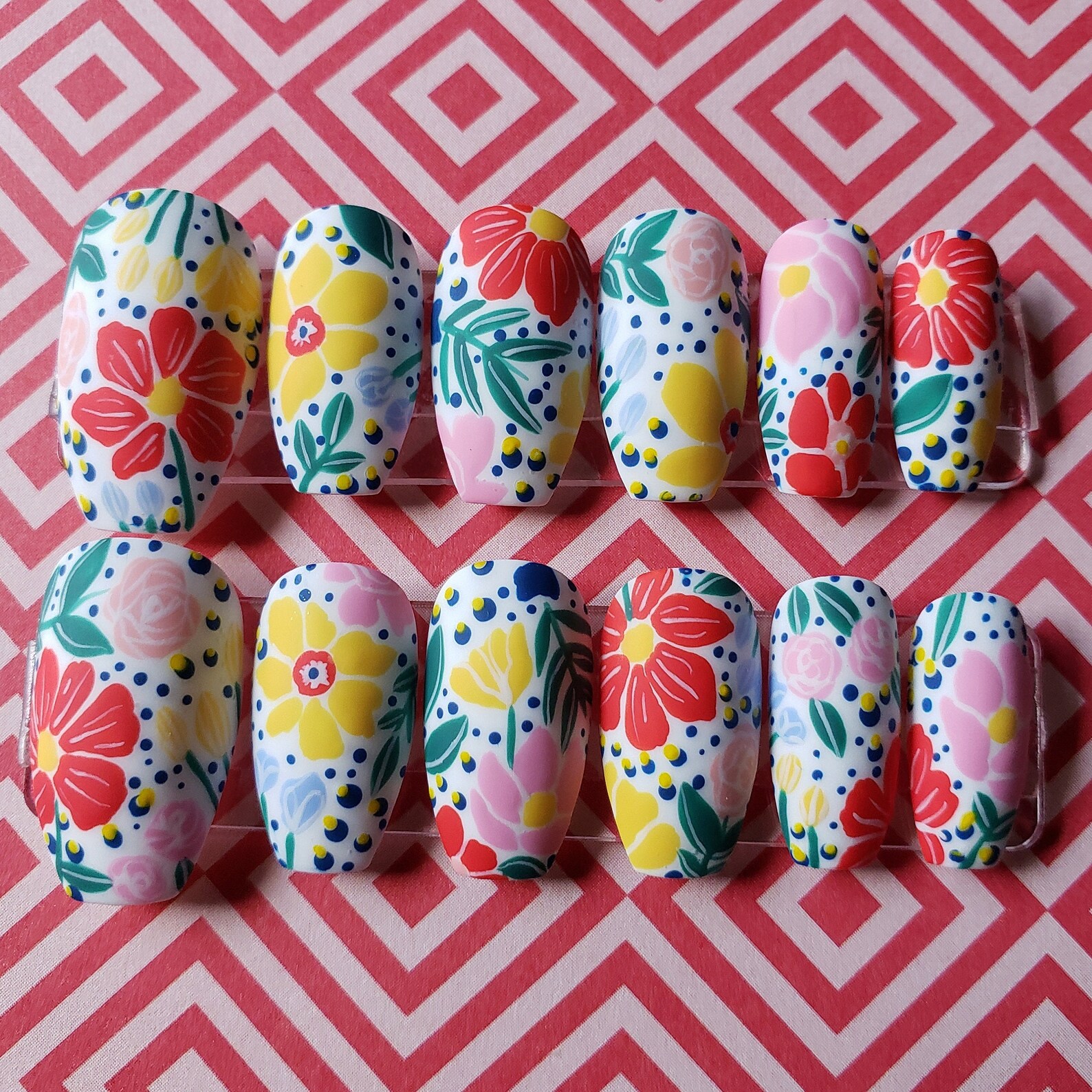 Primary Colour Matte Floral Hand-painted Press-on Nails - Etsy