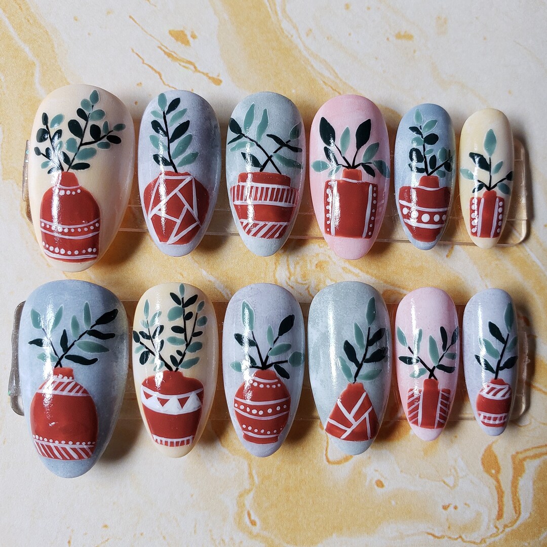 Terracotta Potted Plant Hand-painted Press-on Nails - Etsy
