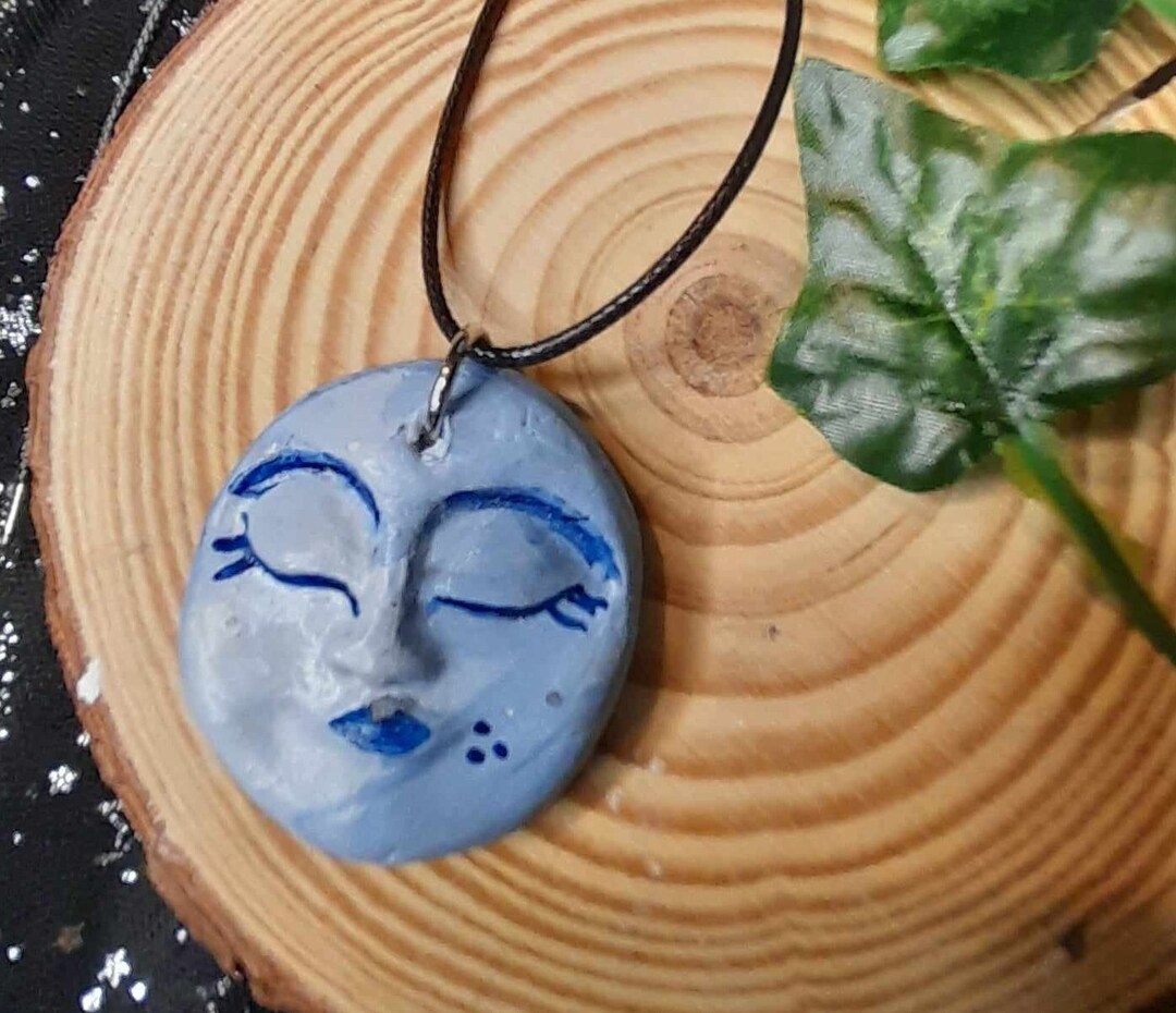 Moon Necklace, Magical Moon Face Pendant, Full Moon Necklace, Clay Moon ...