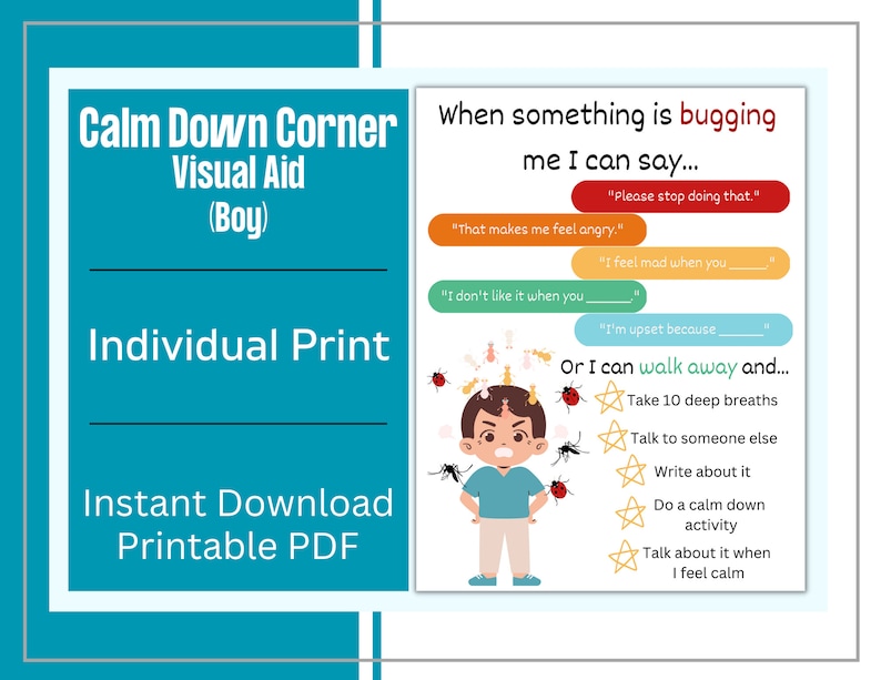 Calm Down Corner Visual Aid, Kids Printable, Anger Printable, Calm Down ...