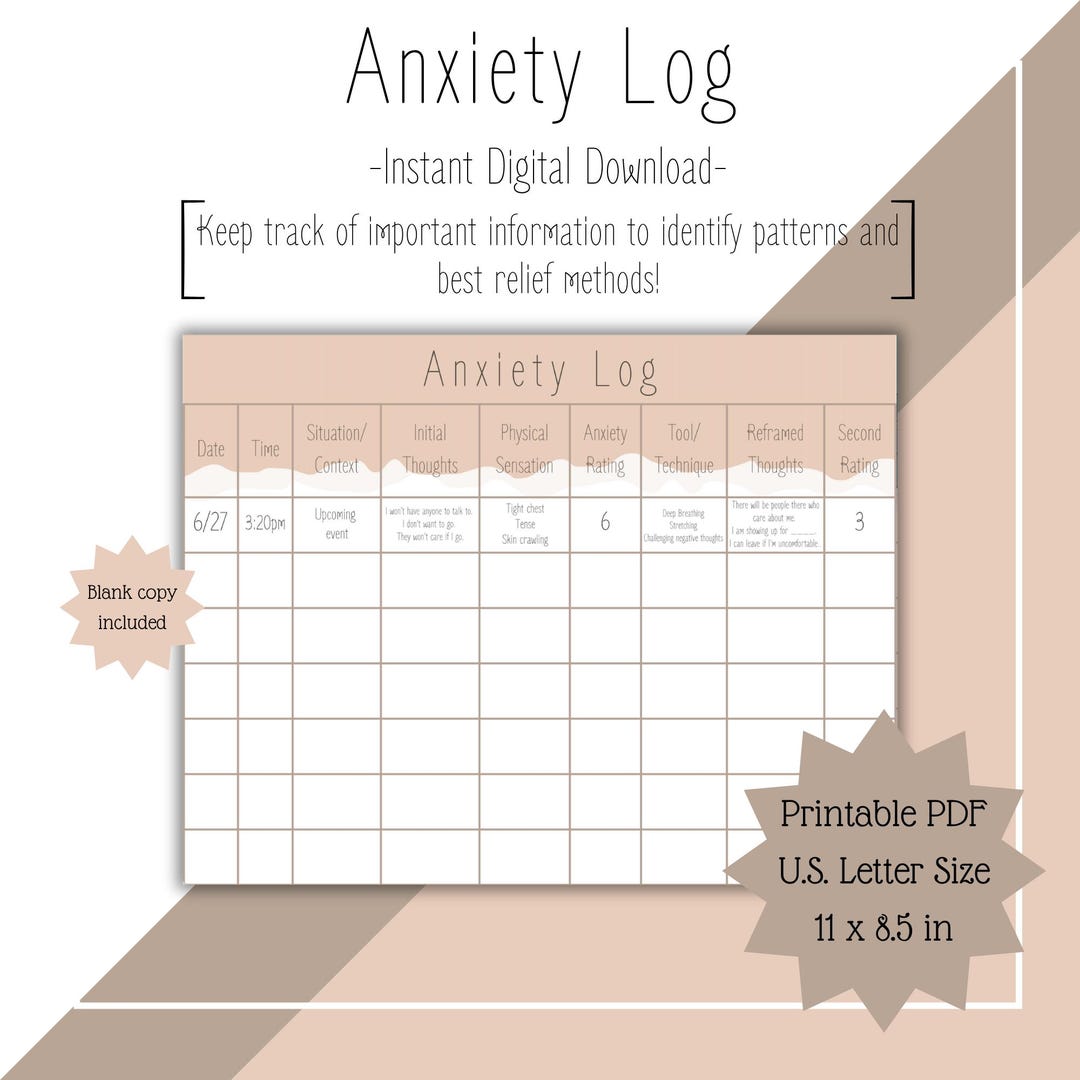 Anxiety Log, Anxiety Management Worksheet, Anxiety Worksheet, Mental ...