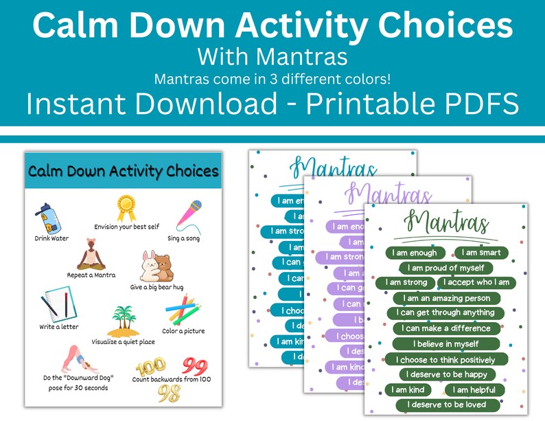 Calm Down Activity Choices Printable, Mantras Printable, Calm Down ...