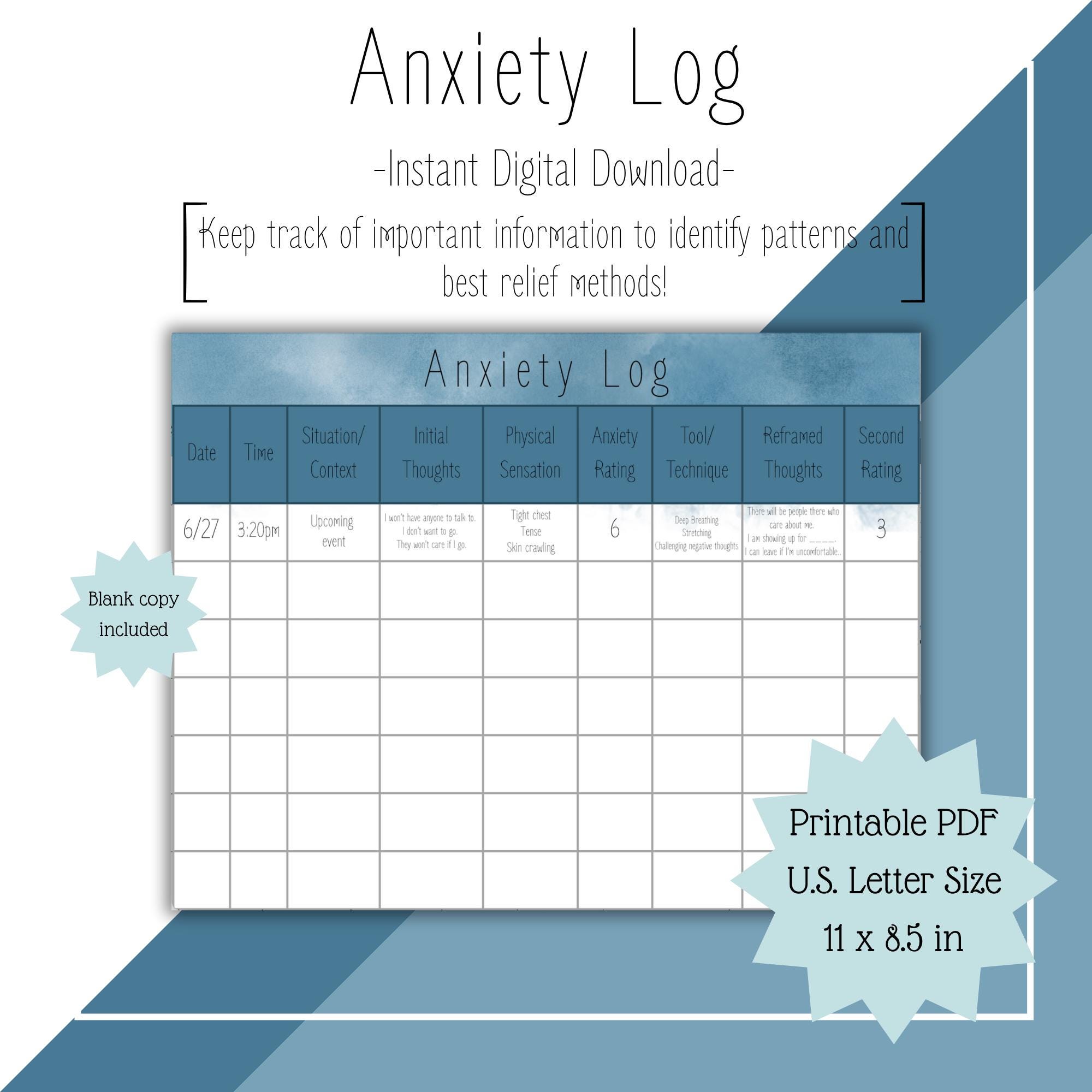 Anxiety Log, Anxiety Management Worksheet, Anxiety Worksheet, Mental ...