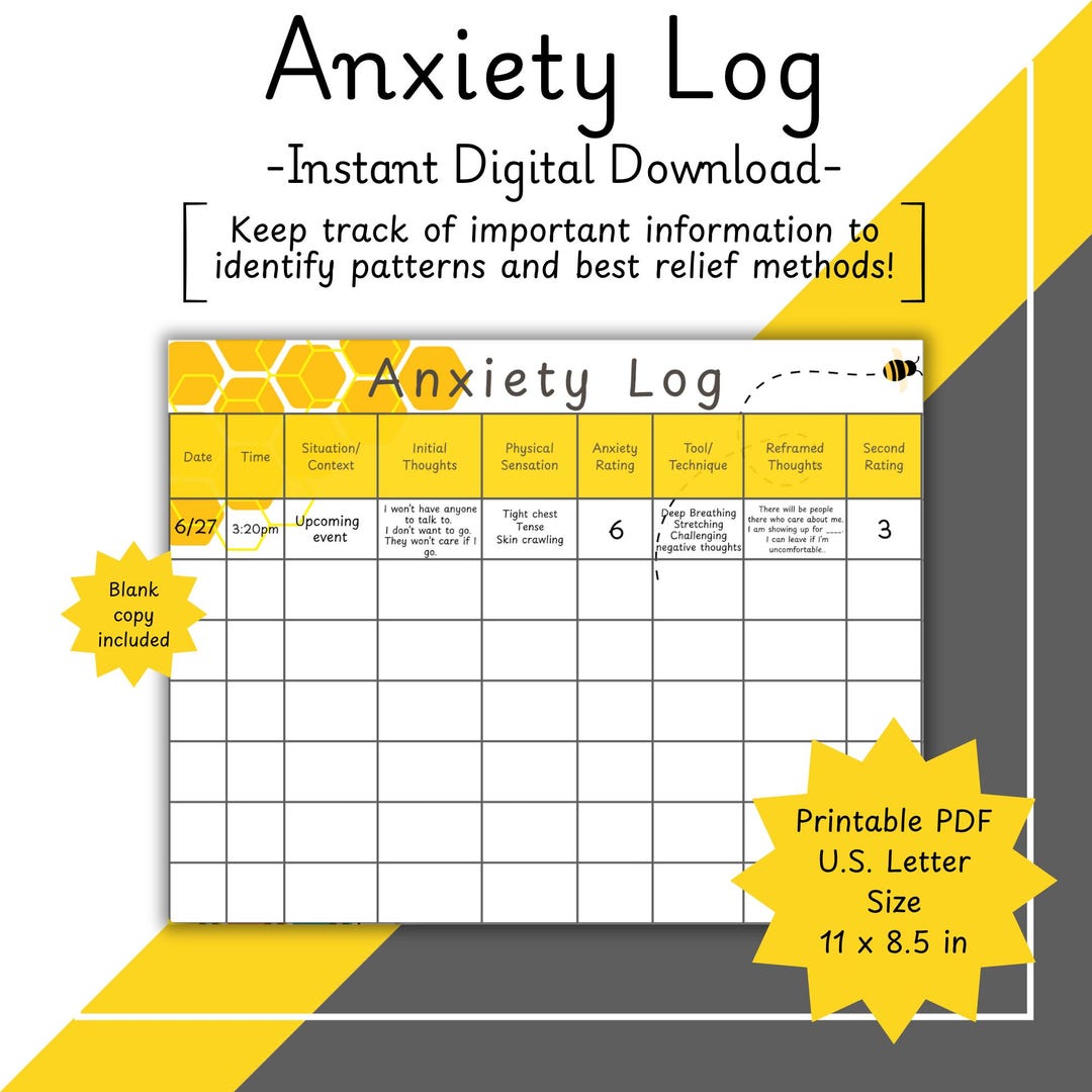 Anxiety Log, Anxiety Management Worksheet, Anxiety Worksheet, Mental ...