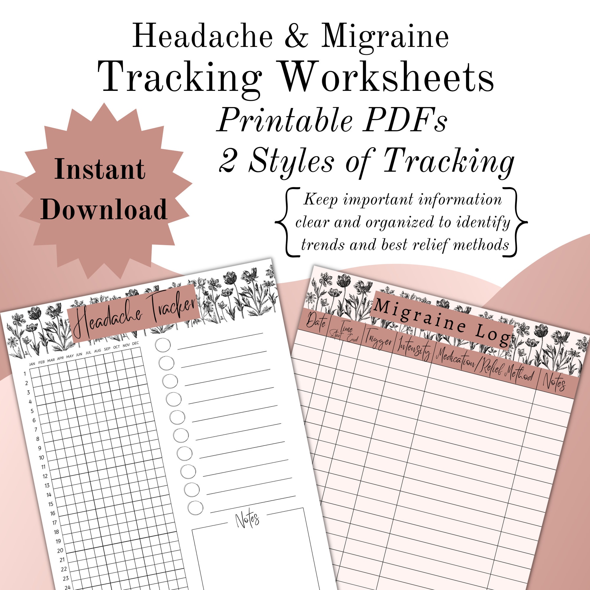 Headache and Migraine Tracking Worksheets, Migraine Log, Headache ...
