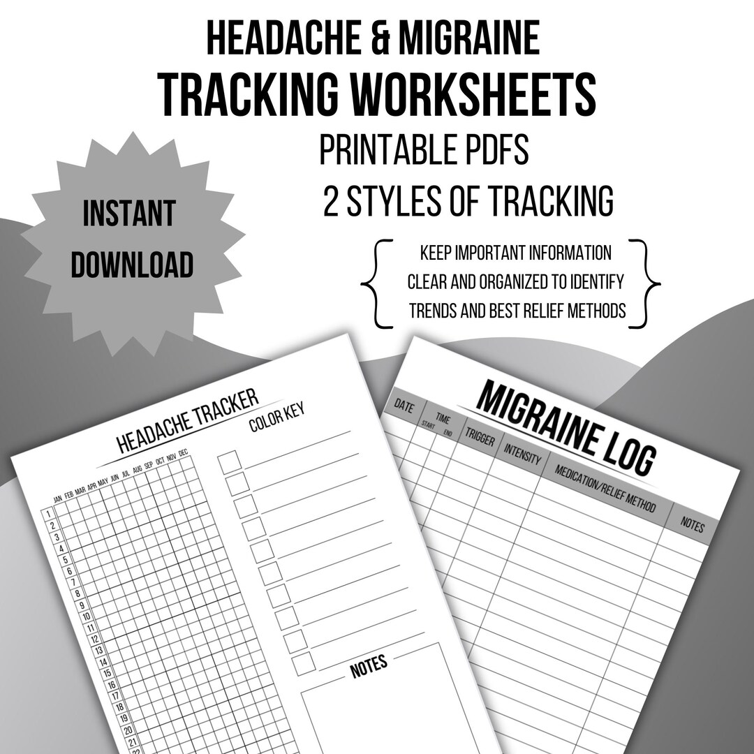 Headache and Migraine Tracking Worksheets, Migraine Log, Headache ...
