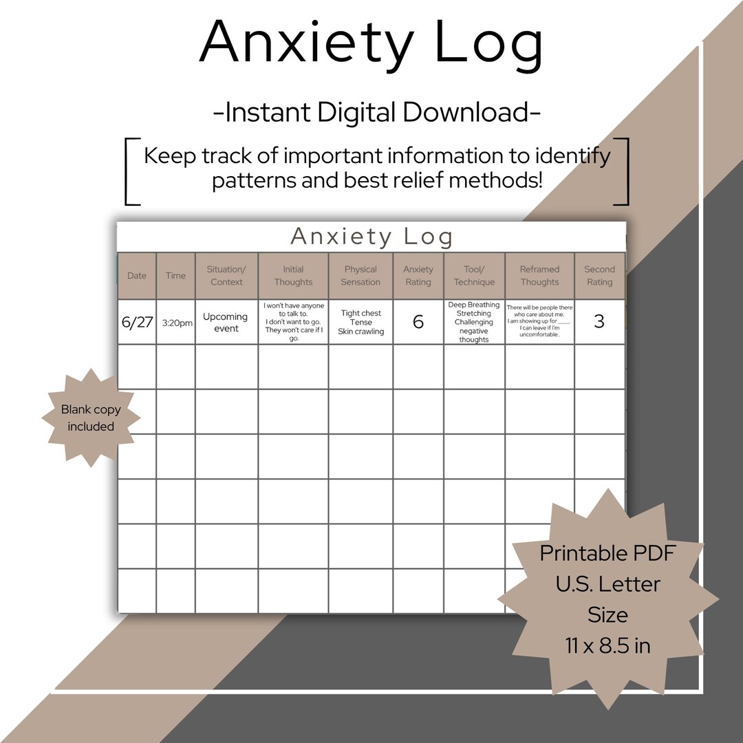 Anxiety Log, Anxiety Management Worksheet, Anxiety Worksheet, Mental ...