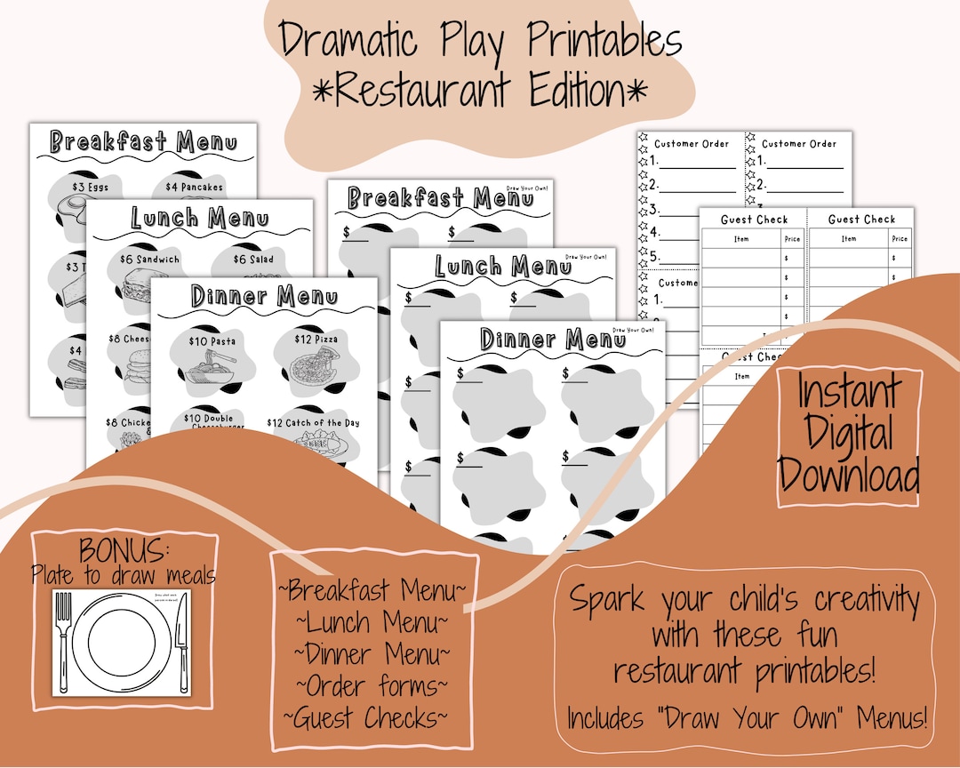 Dramatic Play Printables Pack, Restaurant Printables for Dramatic Play ...
