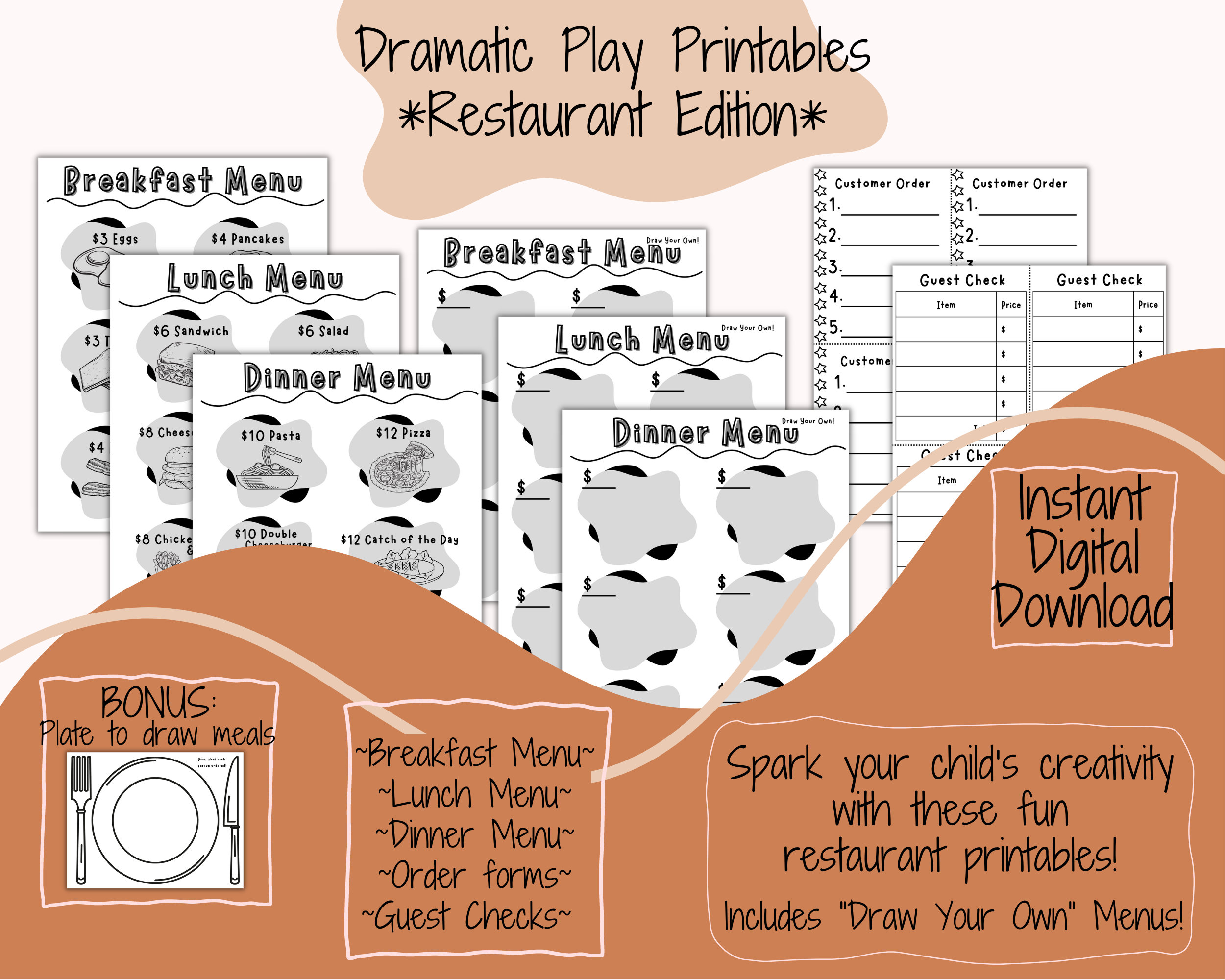 Dramatic Play Printables Pack, Restaurant Printables for Dramatic Play ...