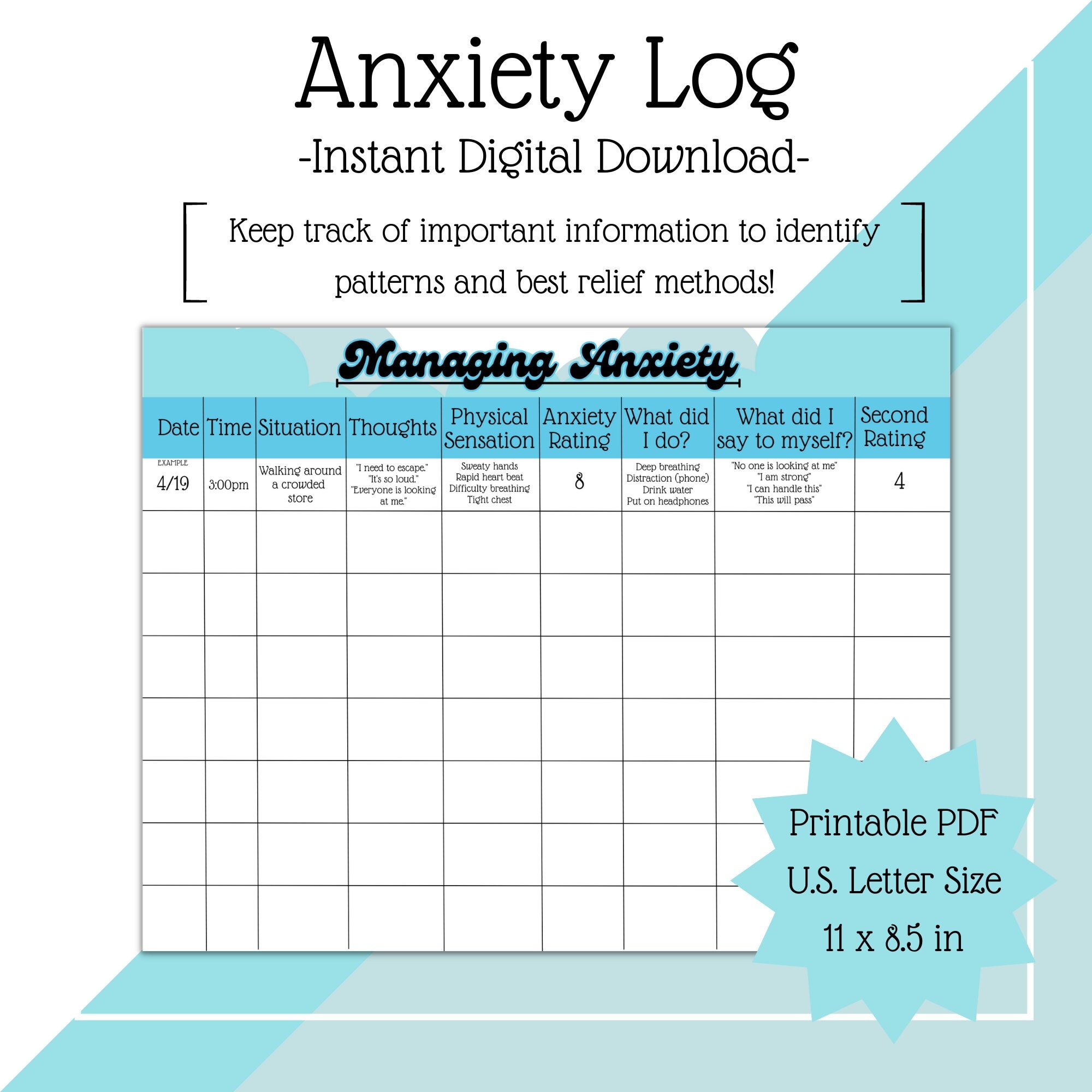 Anxiety Log, Anxiety Management Worksheet, Anxiety Worksheet, Mental ...