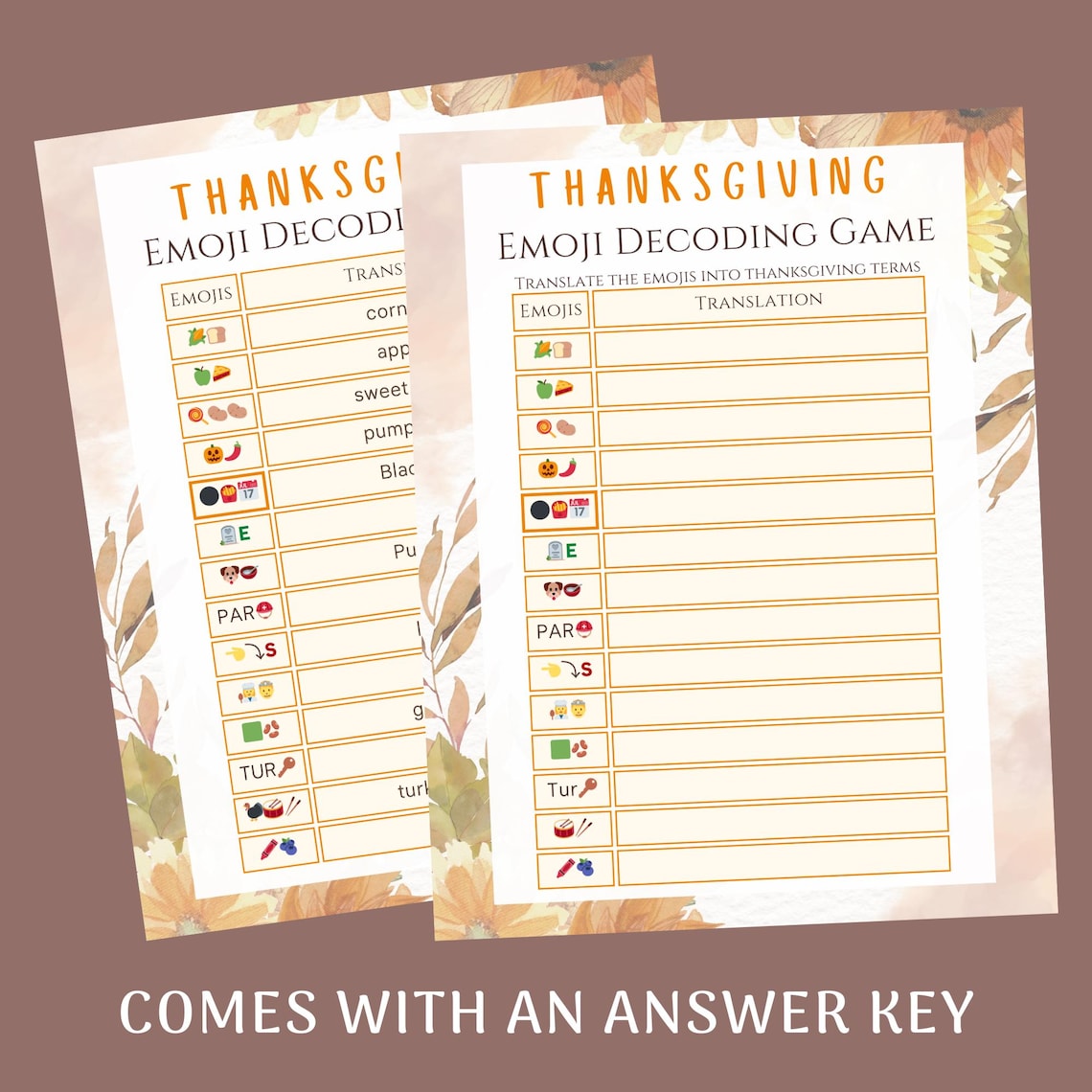 Thanksgiving Emoji Game Printable Thanksgiving Emoji Decoding Game Kids ...