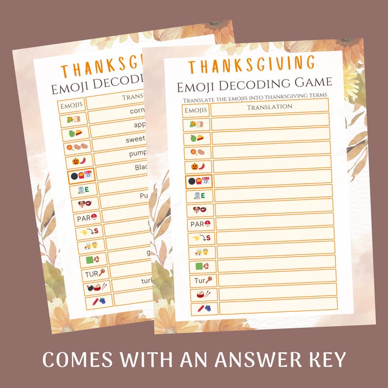 Thanksgiving Emoji Game Printable Thanksgiving Emoji Decoding Game Kids ...