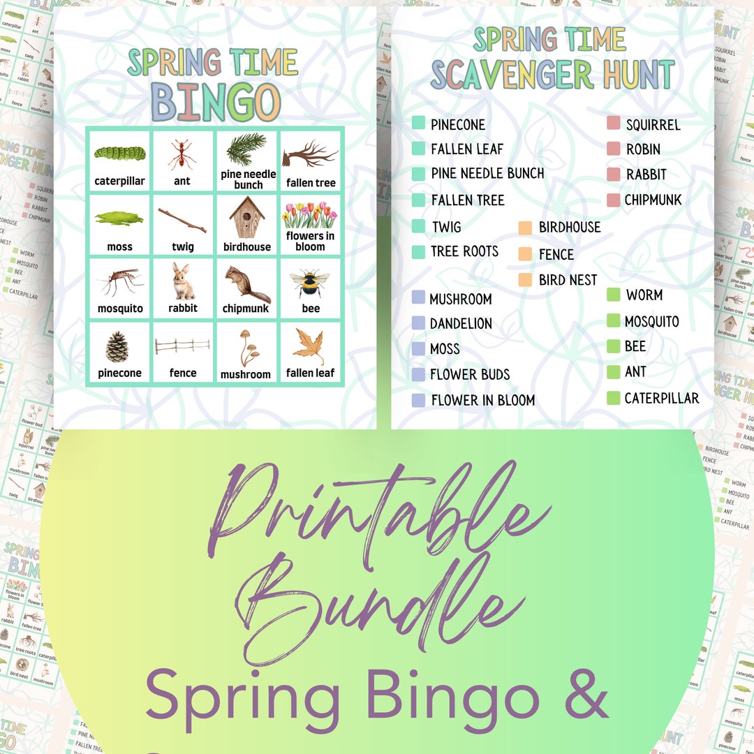 Printable Bundle Spring Bingo Game and Scavenger Hunt, Nature and Park ...