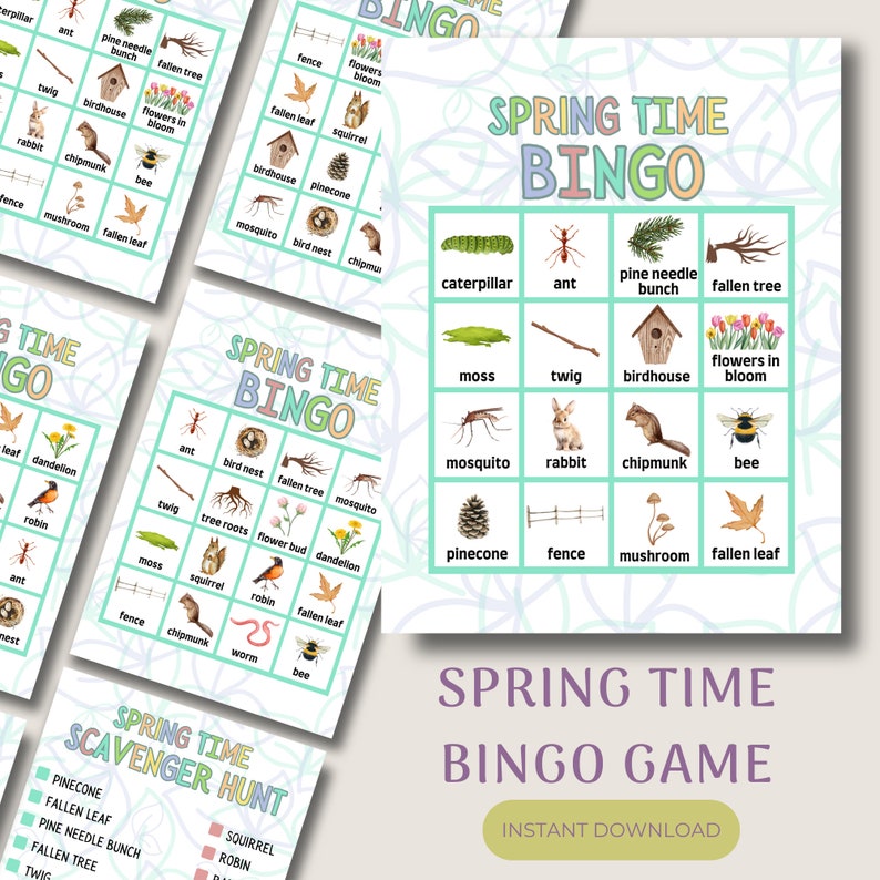 Printable Bundle Spring Bingo Game and Scavenger Hunt, Nature and Park ...