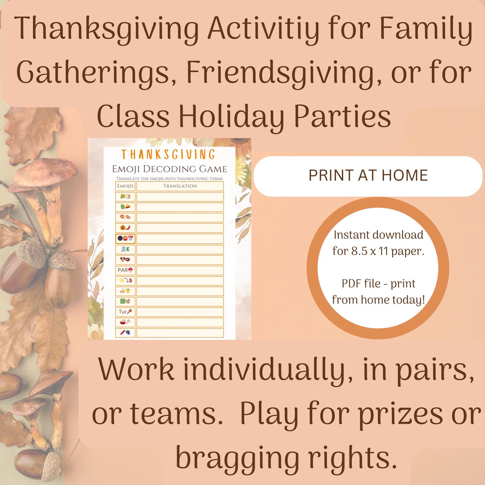 Thanksgiving Emoji Game Printable Thanksgiving Emoji Decoding Game Kids ...