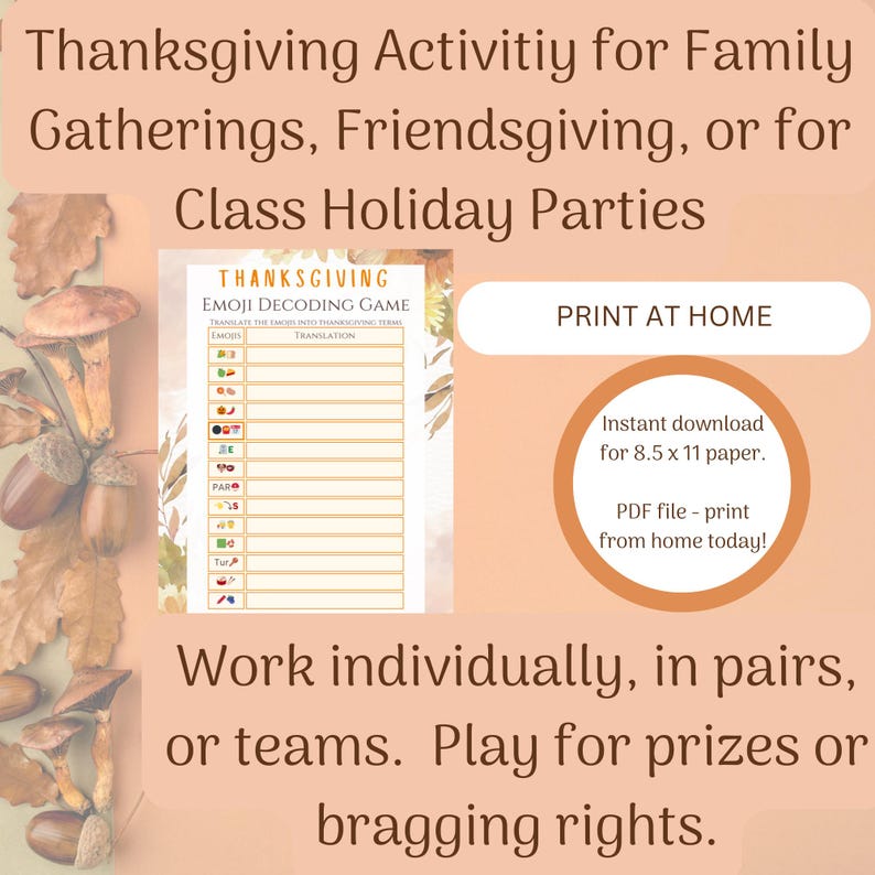 Thanksgiving Emoji Game Printable Thanksgiving Emoji Decoding Game Kids ...