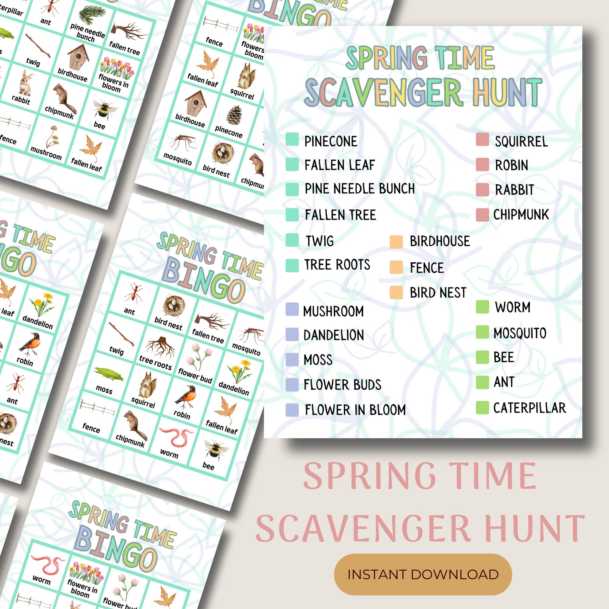 Printable Bundle Spring Bingo Game and Scavenger Hunt, Nature and Park ...
