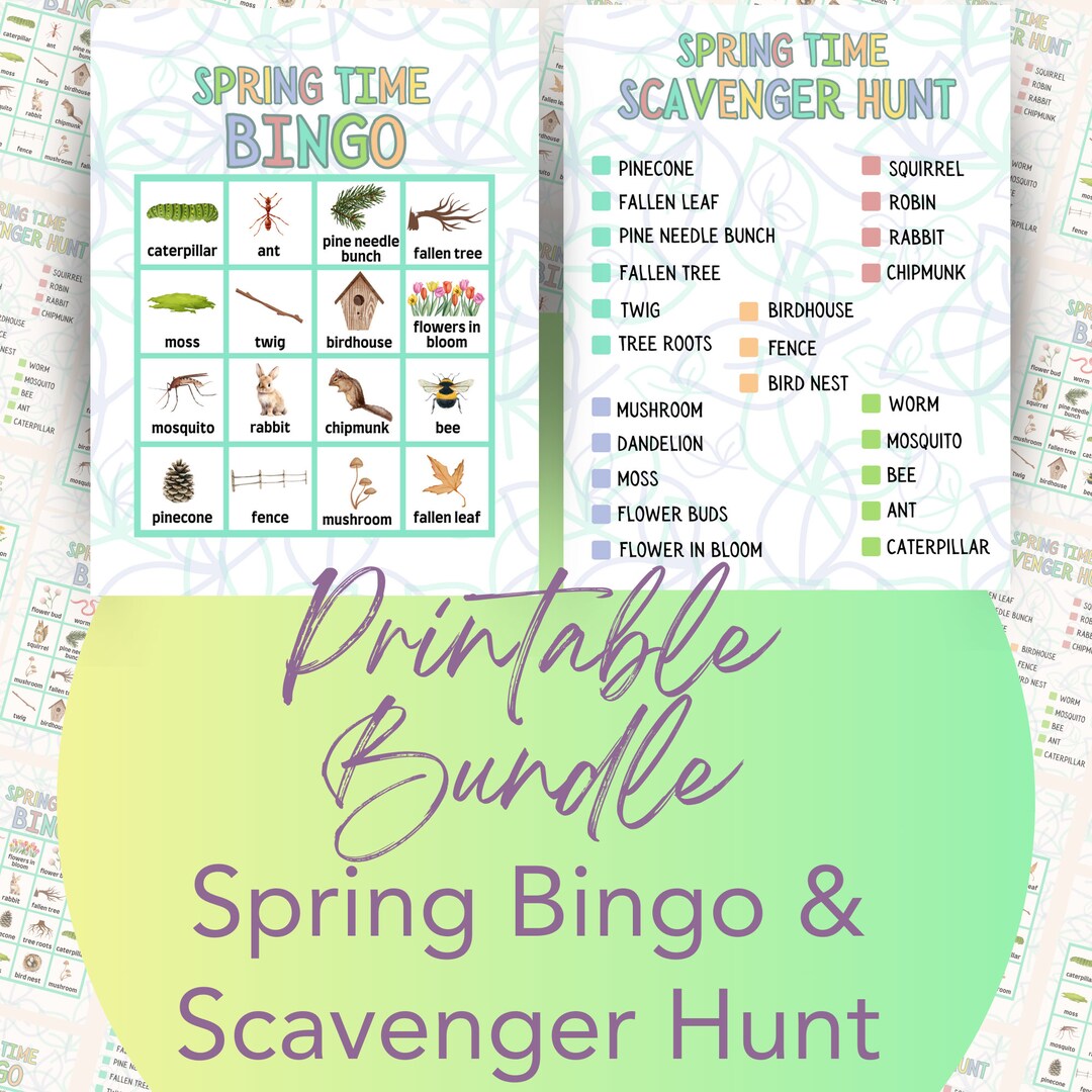 Printable Bundle Spring Bingo Game and Scavenger Hunt, Nature and Park ...