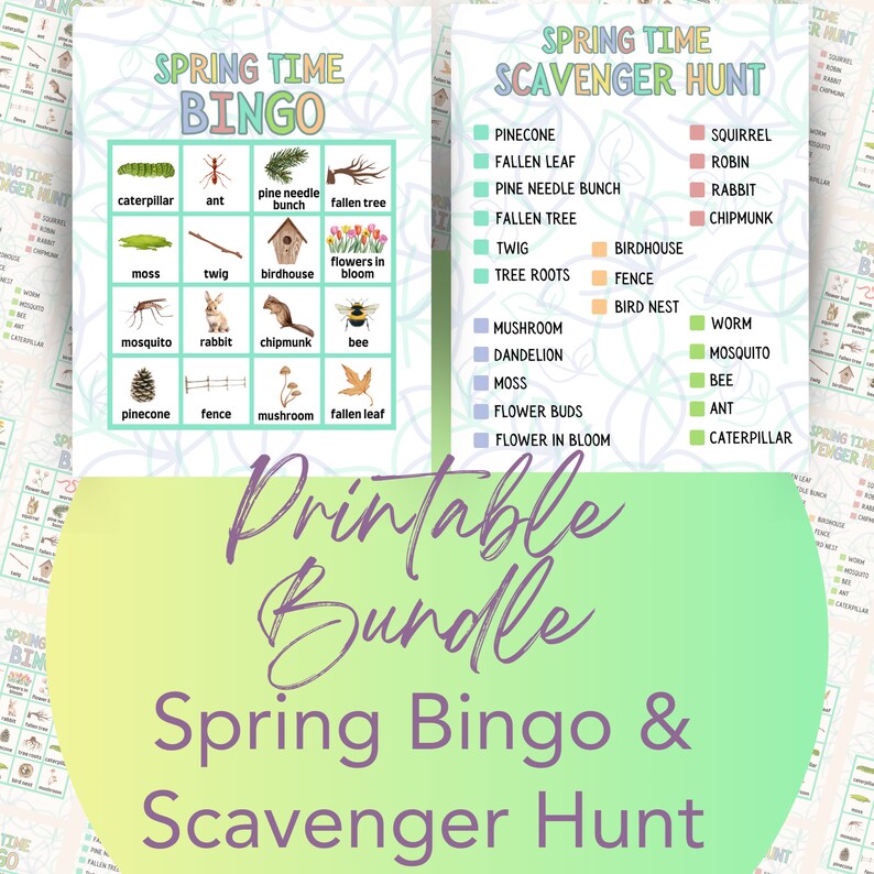 Printable Bundle Spring Bingo Game and Scavenger Hunt, Nature and Park ...