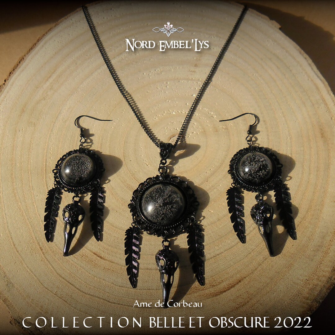 Gothic Black Set Soul of Raven Necklace Pendant Earrings With Gray ...