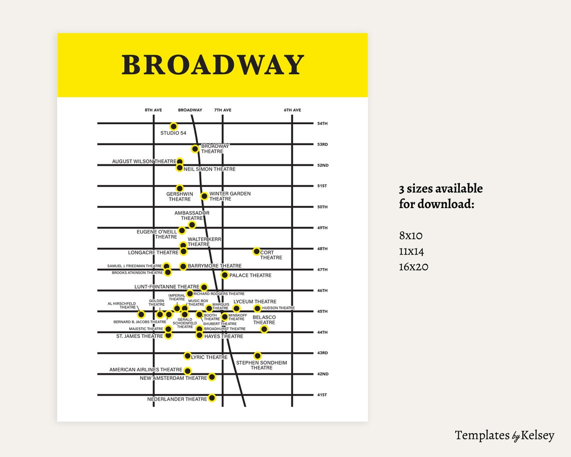 Broadway Theatre Map Art Print Sign Home Gift Broadway | Etsy