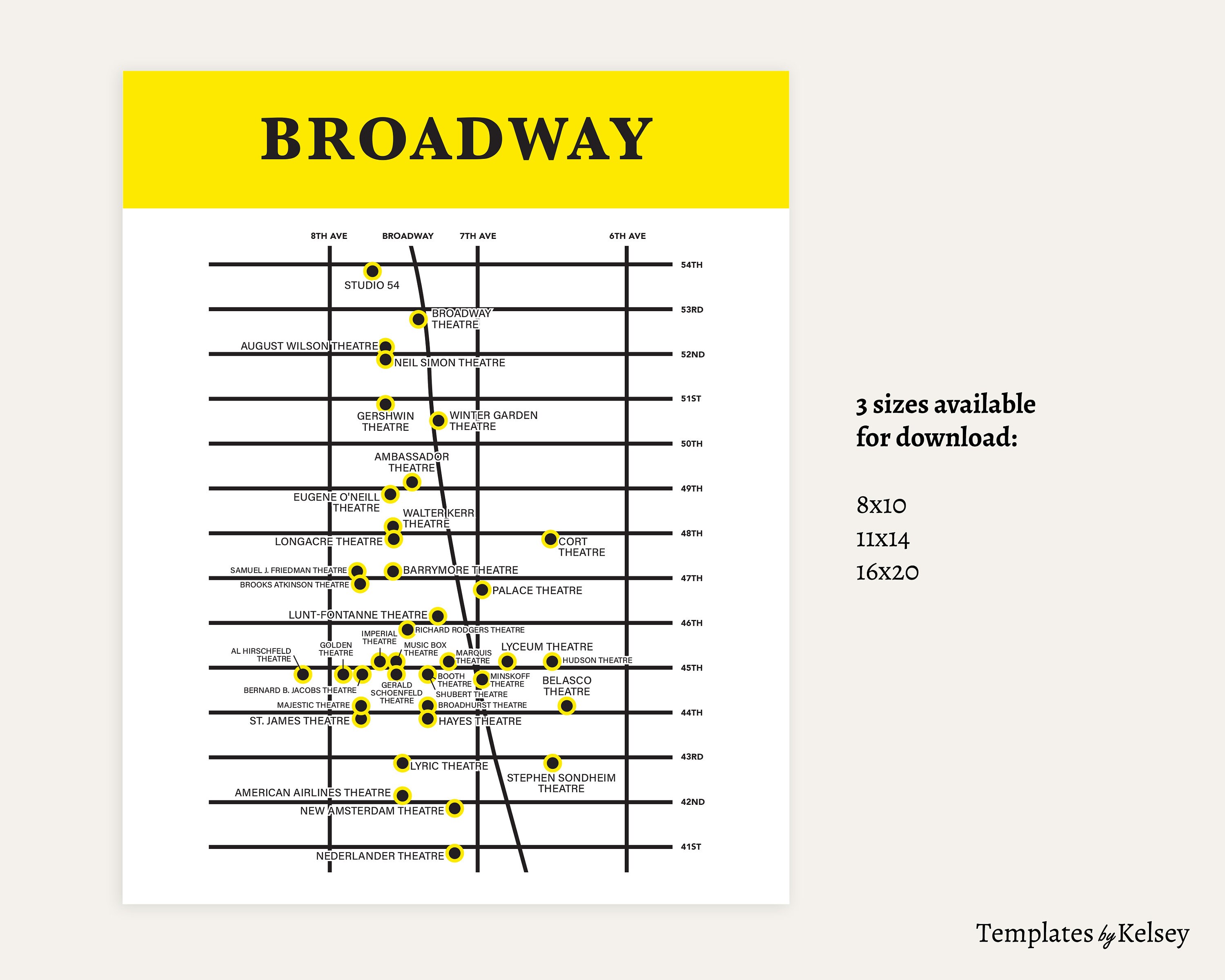 Broadway Theatre Map Art Print Sign Home Gift Broadway - Etsy UK