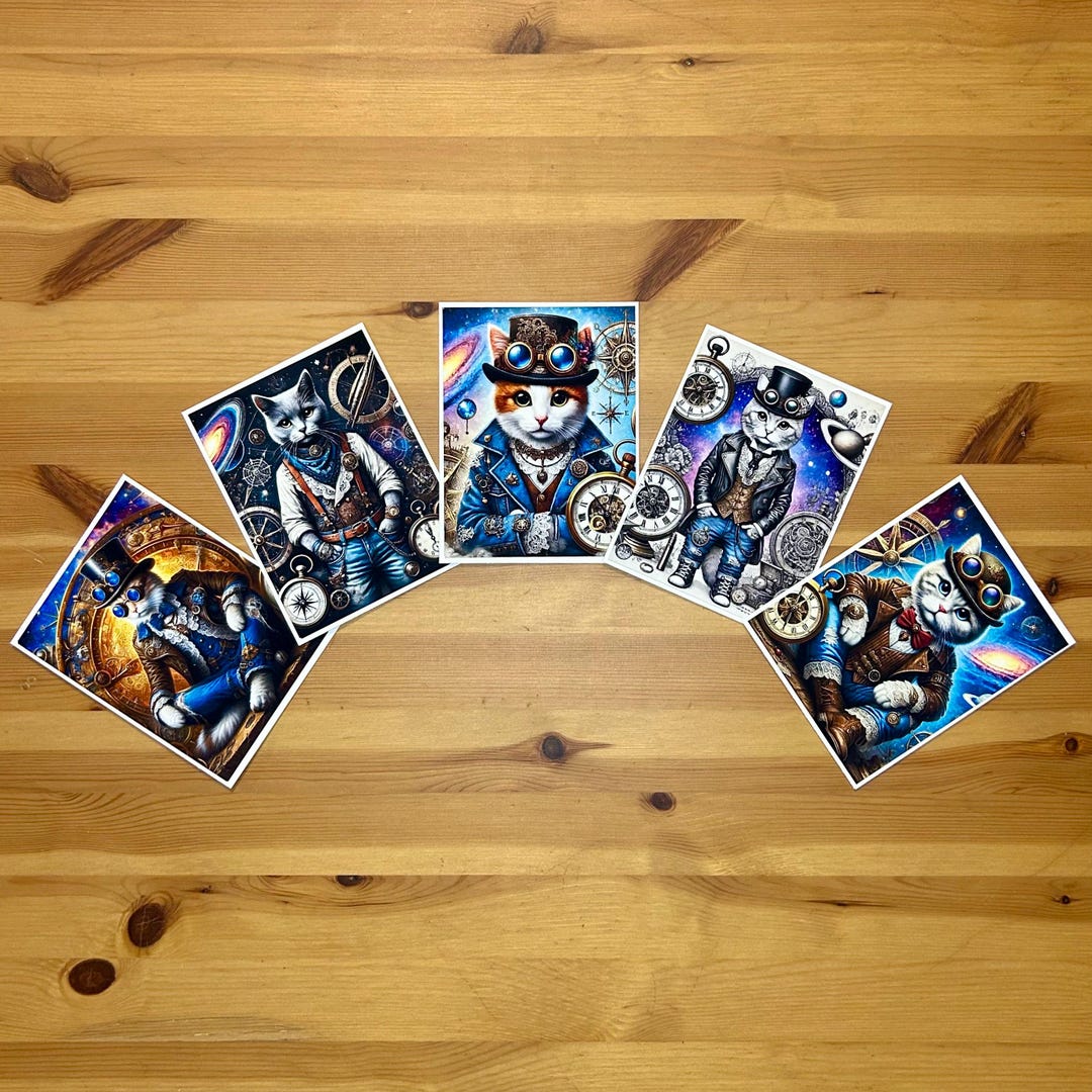 Card Set of 5 - Steampunk Cats in Outer Space - Just Because - All ...