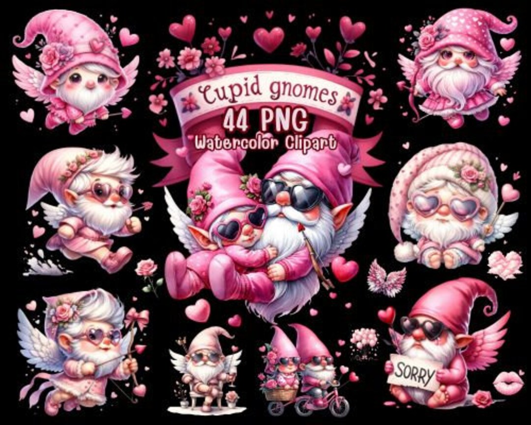 Watercolor Valentines Cupid Gnomes and Other Elements Clipart 44 PNG ...