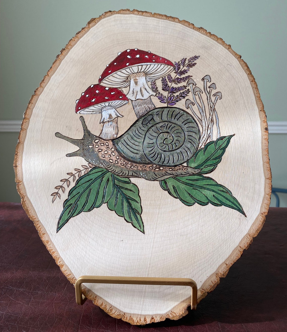 Mushroom & Snail Wood Burned Art, Pyrography Art, Wood Burned Plaque ...