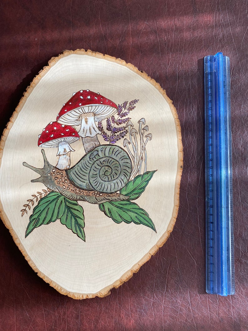 Mushroom & Snail Wood Burned Art, Pyrography Art, Wood Burned Plaque, Painted Wood Art - Etsy