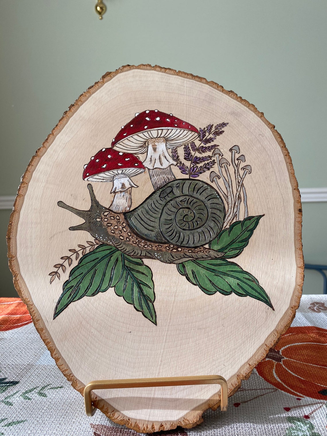 Mushroom & Snail Wood Burned Art, Pyrography Art, Wood Burned Plaque, Painted Wood Art - Etsy