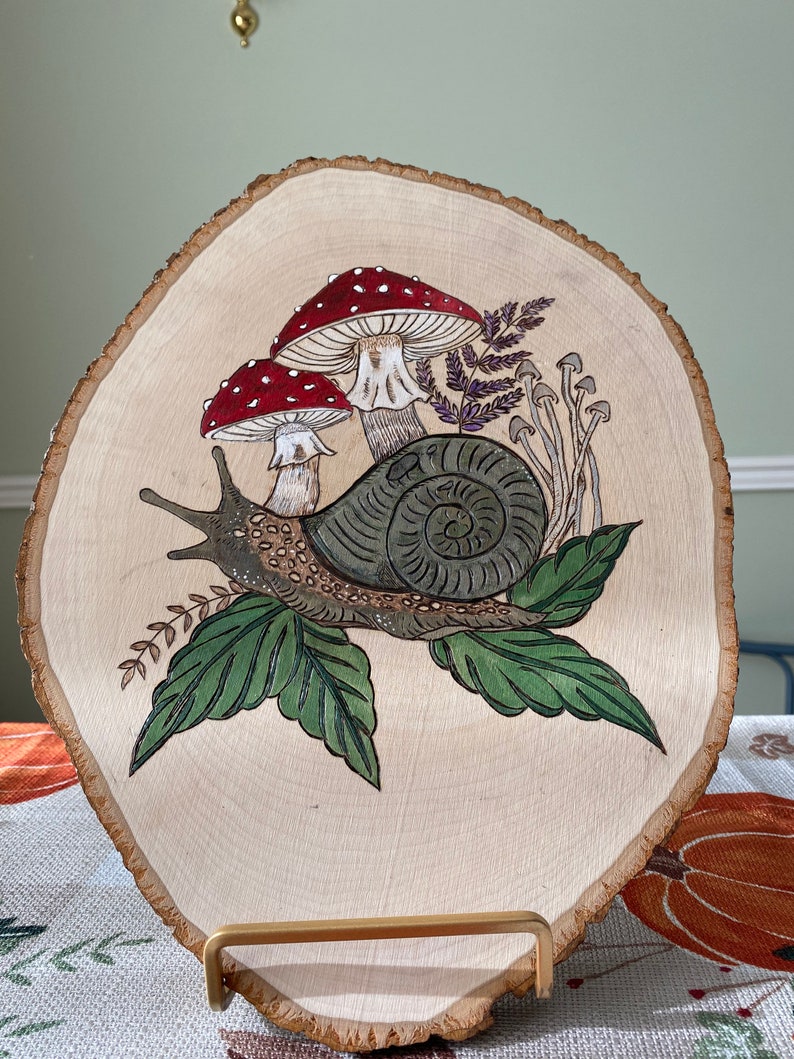 Mushroom & Snail Wood Burned Art, Pyrography Art, Wood Burned Plaque, Painted Wood Art - Etsy