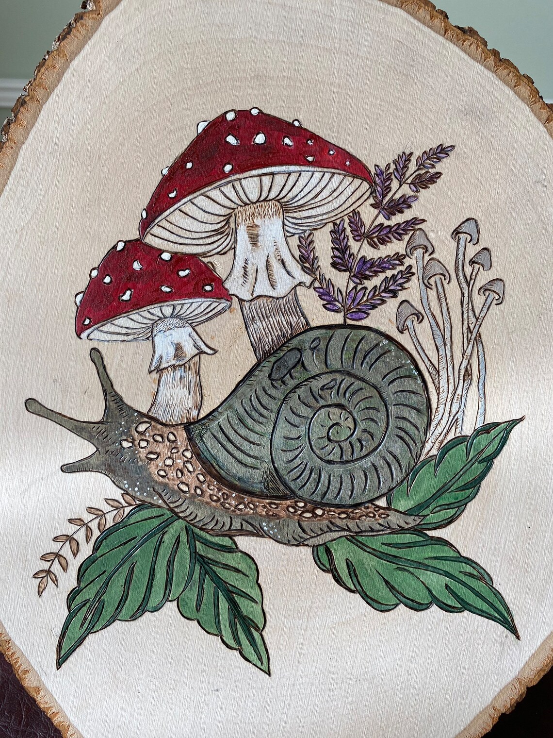 Mushroom & Snail Wood Burned Art, Pyrography Art, Wood Burned Plaque, Painted Wood Art - Etsy