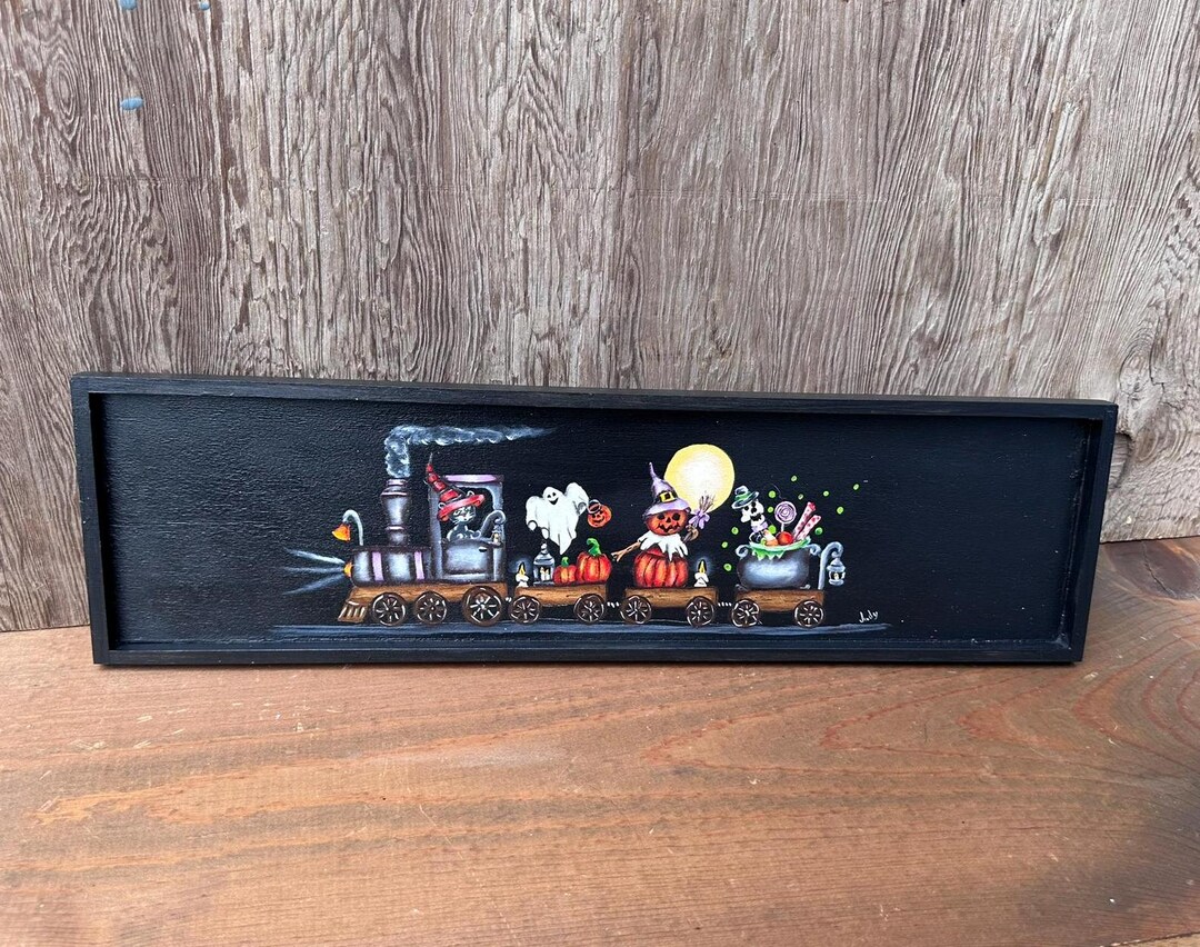 Hand Painted Halloween Train Sign Spooky Wood Decor, Witch Cat, Pumpkin ...