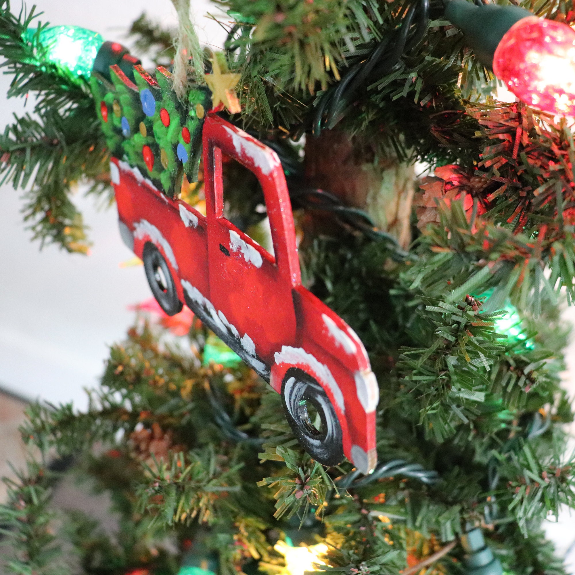 Hand Painted Red Truck With Tree Wood Christmas Ornament - Etsy