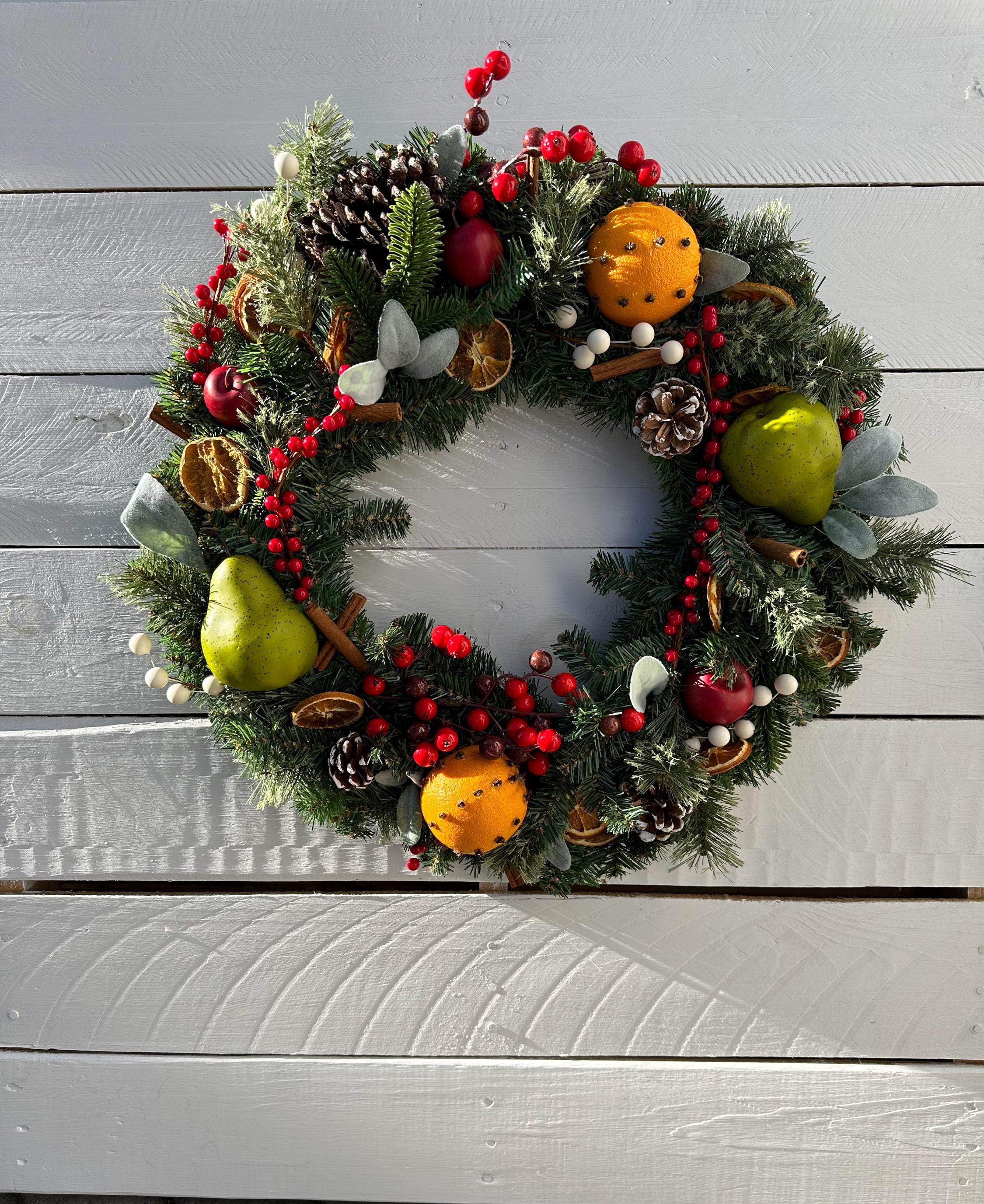 Christmas Fruit Wreath, Christmas Wreath, Evergreen Wreath, Pine Wreath ...