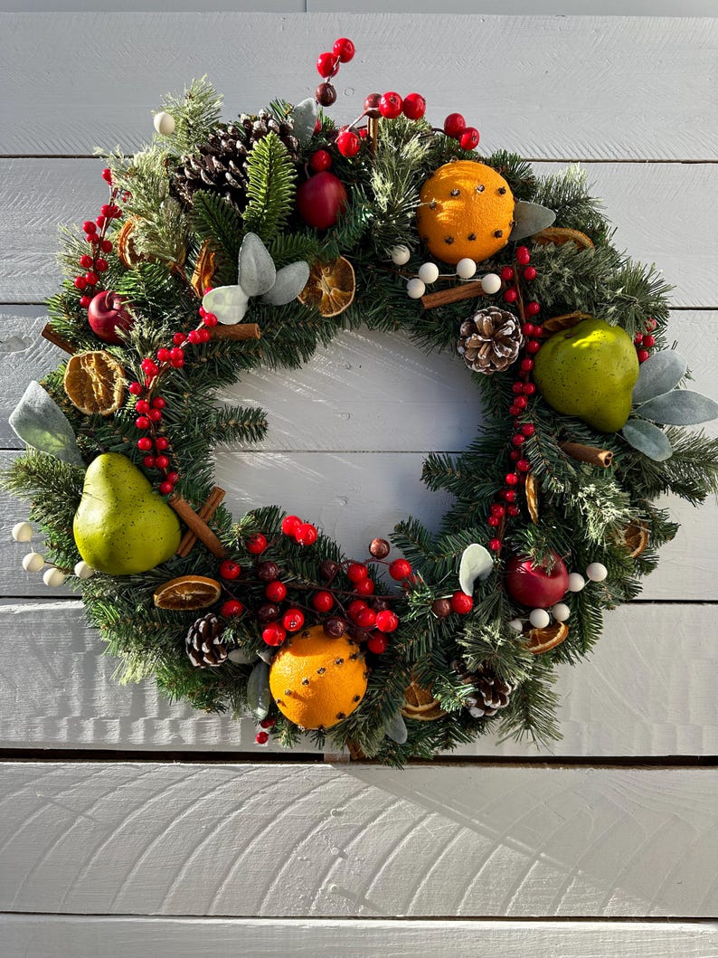Christmas Fruit Wreath, Christmas Wreath, Evergreen Wreath, Pine Wreath ...