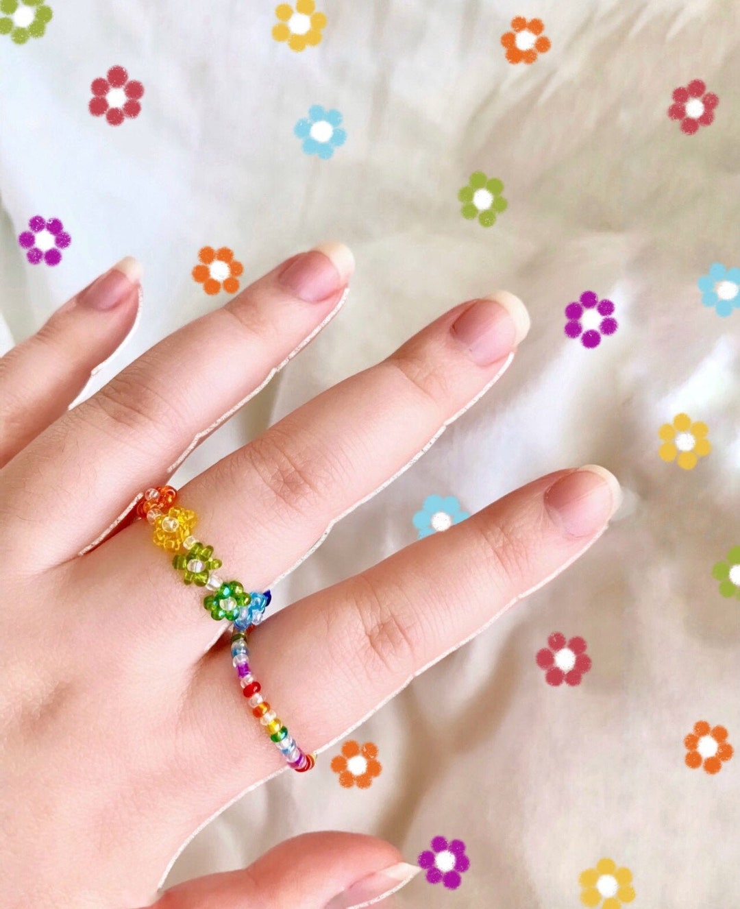 Rainbow Flower Beaded Ring Beaded Flower Rings Seed Bead Rings Trendy ...