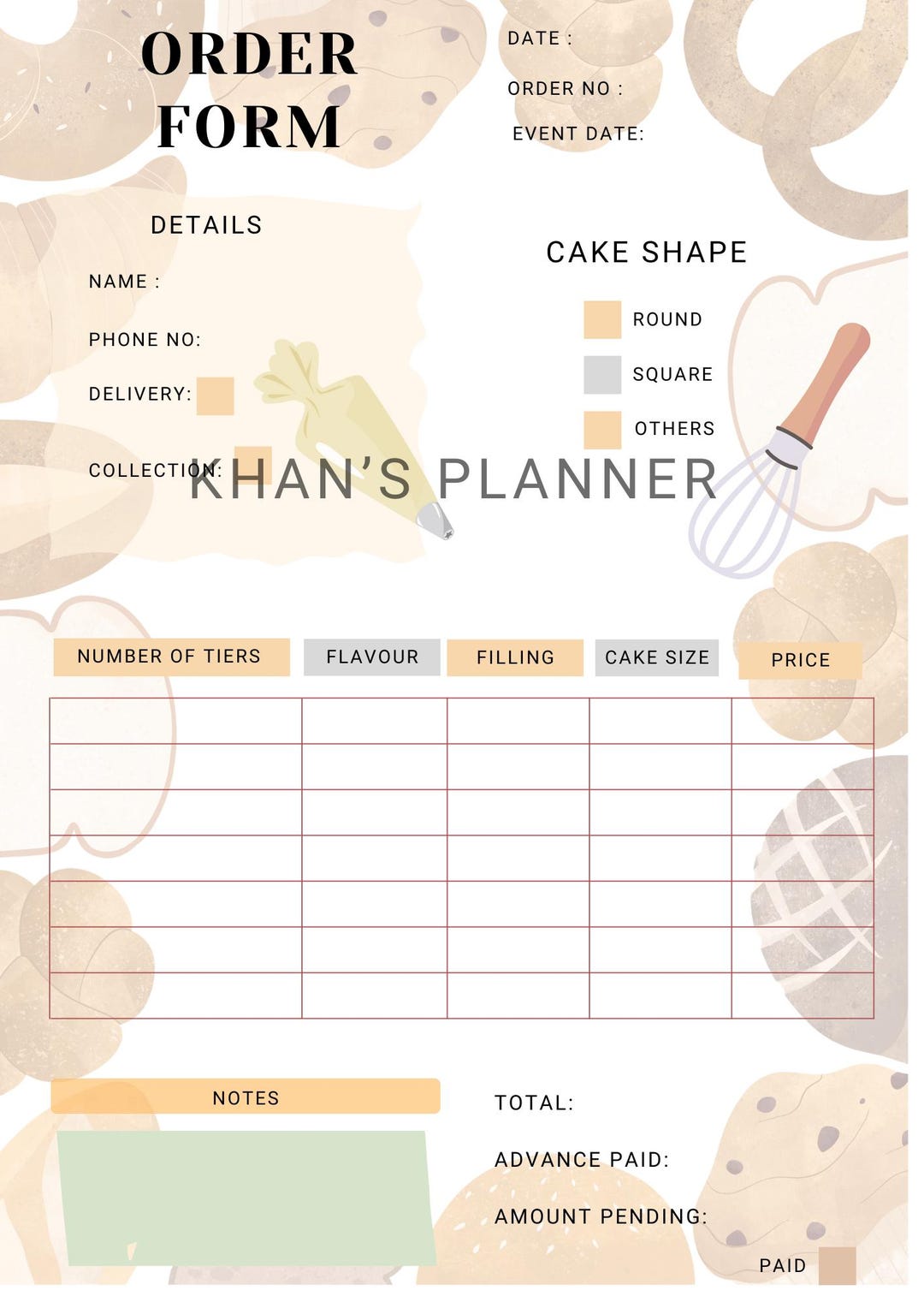 Baking Order Form - Baking Order Form Template, Baking Template, Order ...