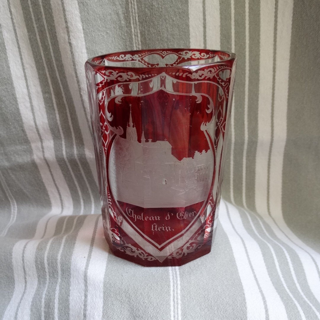 Antique Glass Beaker/engraved Ruby Red Flash Tumbler/castle Oberstein ...