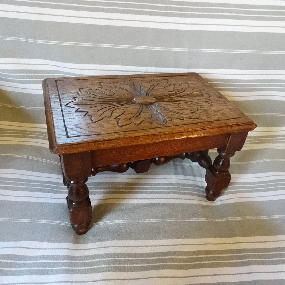 Victorian Carved Oak Stool/antique Footstool/carved & Turned Wooden ...
