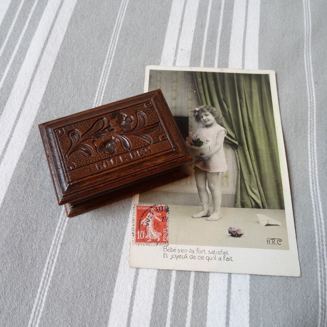 Lourdes Stamp Box/antique Carved Wood Stamp Box/2 Compartments ...
