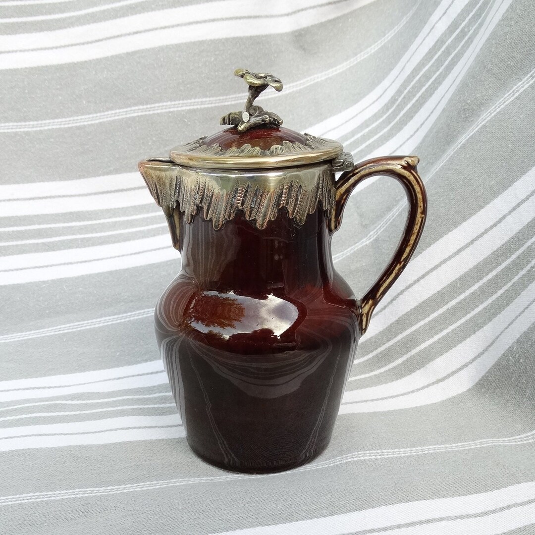 Victor Saglier Lidded Jug/art Nouveau Pottery & Brass Coffee Pot/little ...
