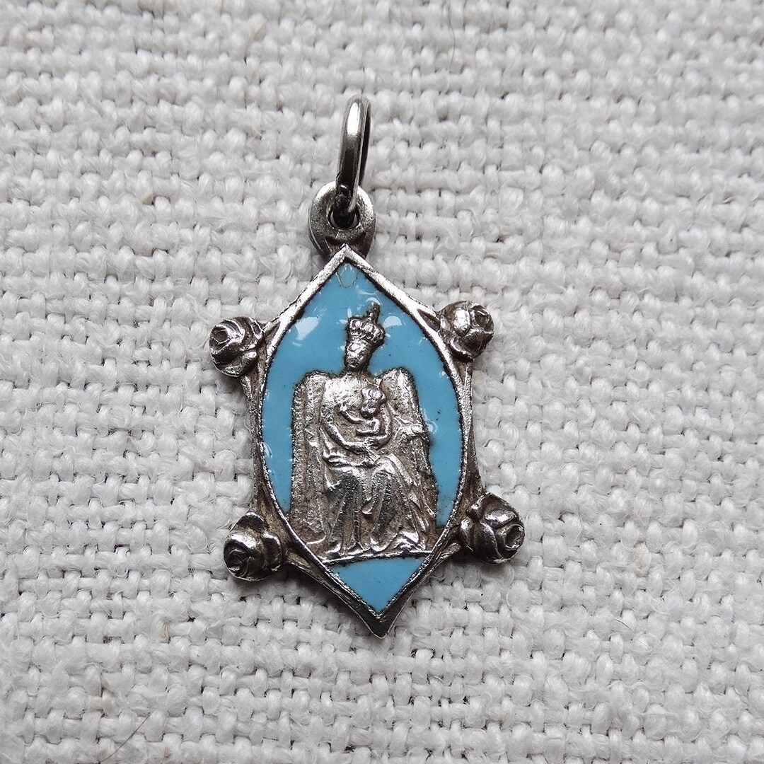 Small Madonna & Child Medallion/silver Tone and Blue Enamel Charm/art ...