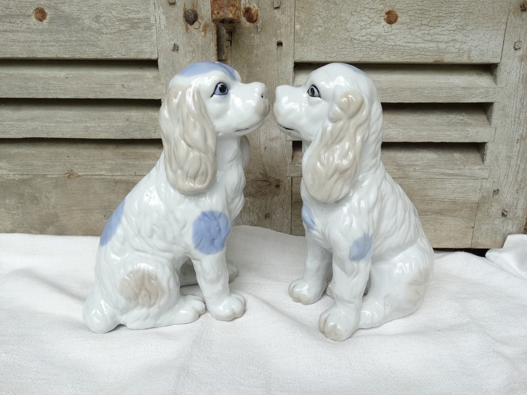 Vintage Blue & White Spaniel Figurines, Pair Pottery Dogs - Etsy